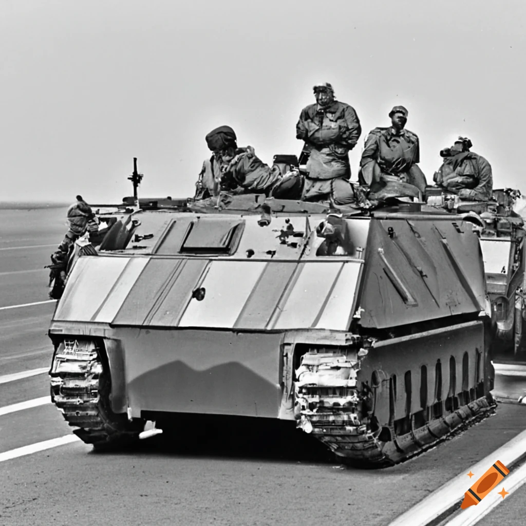 Traffic jam of m113 armoured personnel carriers on a steppe road on Craiyon