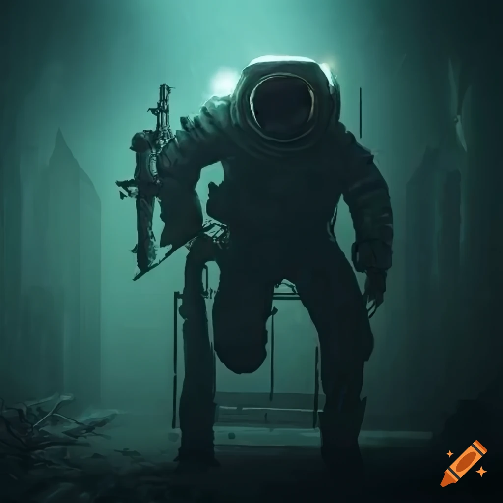 Eerie post-apocalyptic astronaut in a shadowy hospital with wasp-god ...