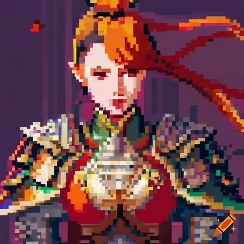 Pixel art of a chinese female swordmaster in armor with a cherry tree background on Craiyon
