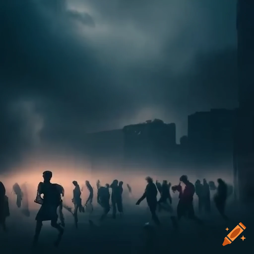 Scared crowd in urban setting looking up at ominous sky on Craiyon