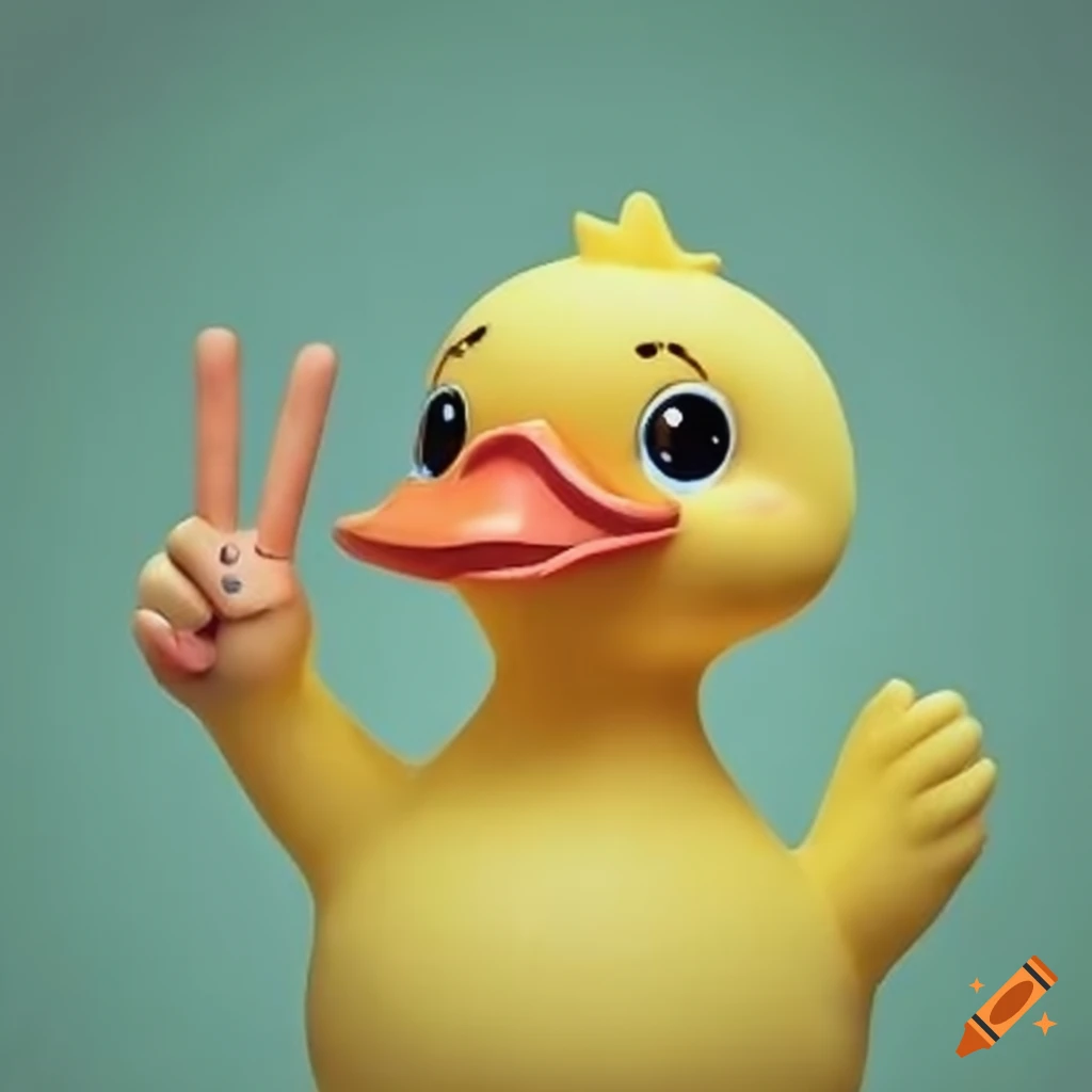 Yellow duck making peace fingers gesture on Craiyon
