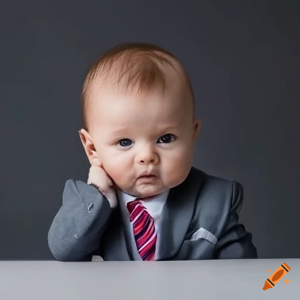 Baby in a mini business suit with office background on Craiyon