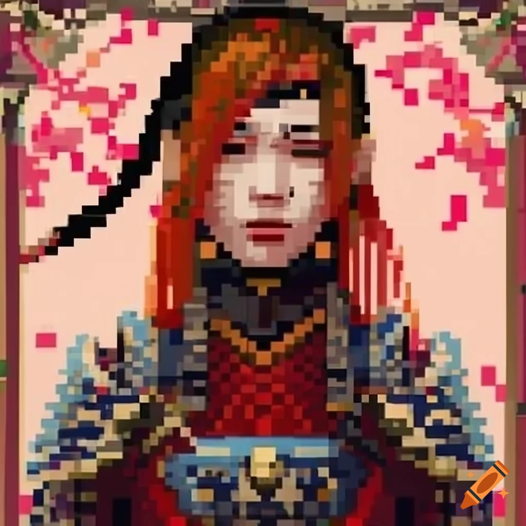 Pixelart propaganda poster of a Chinese female swordmaster in armor with cherry tree background ...