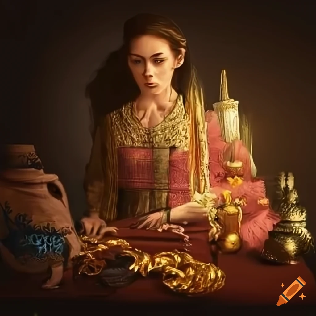 Unhappy woman surrounded by golden items in a house on Craiyon