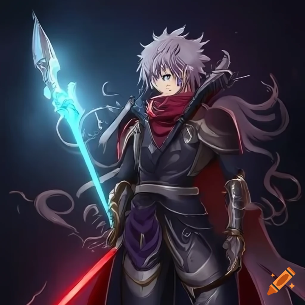 Anime character with helmet crest and spear in a fantasy setting on Craiyon