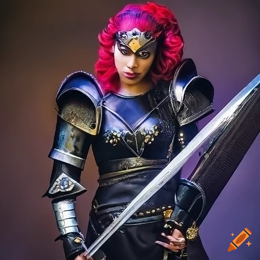 Ebony-skinned goddess in black leather armor with a gleaming sword on ...