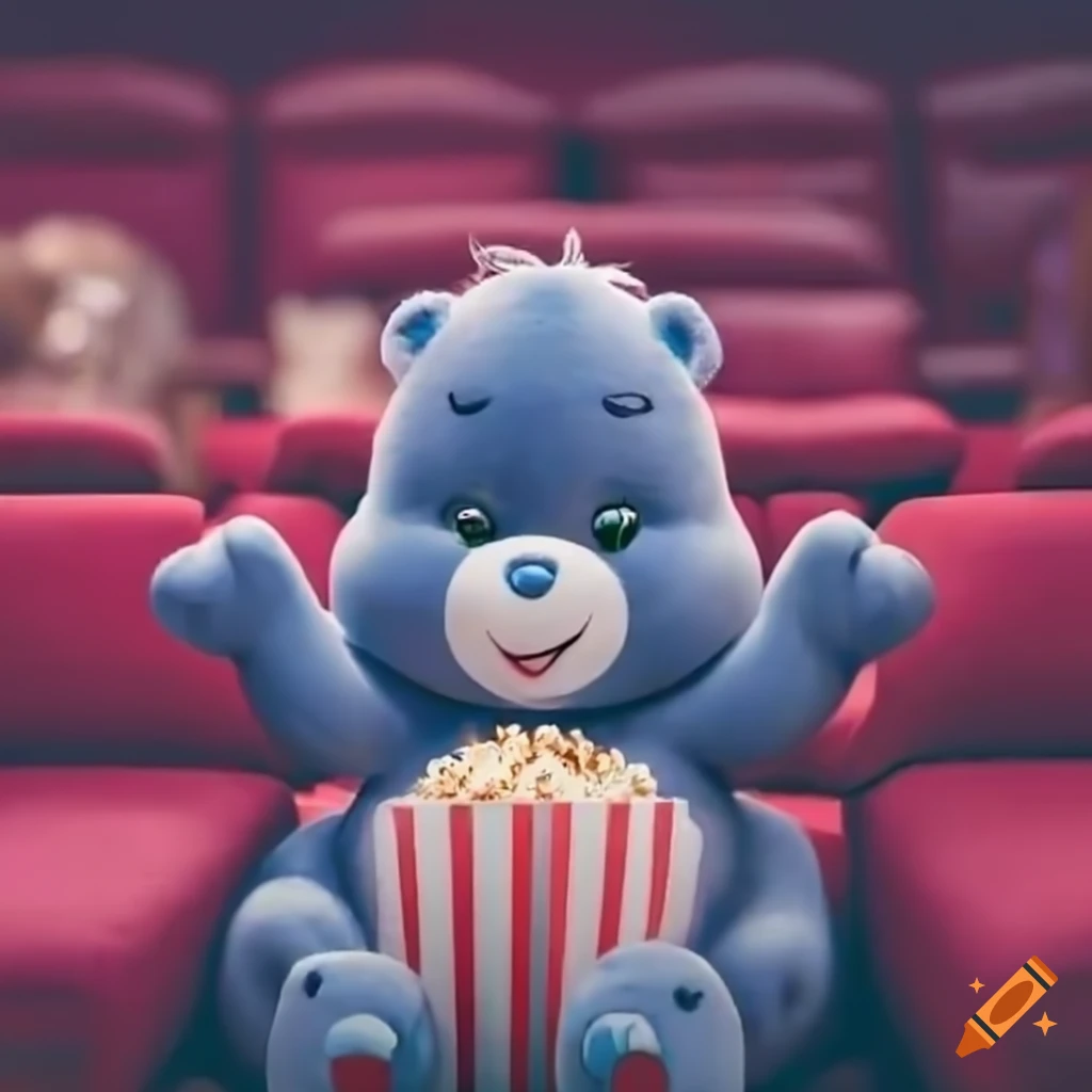 Care bear enjoying popcorn in a cozy theater on Craiyon