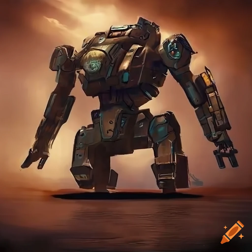 Floating canvas wrap displaying stunning mech video game art on Craiyon