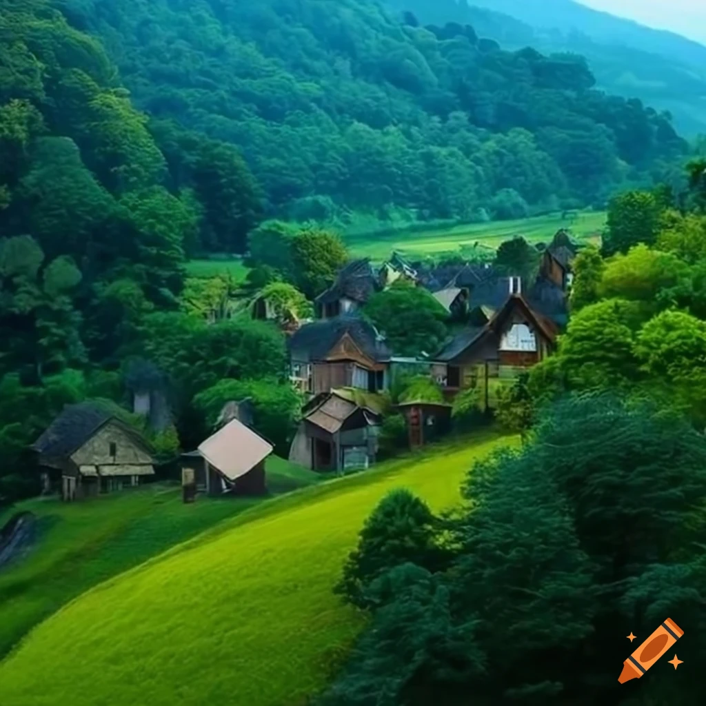 Quaint village nestled amidst rolling hills and lush forests on Craiyon