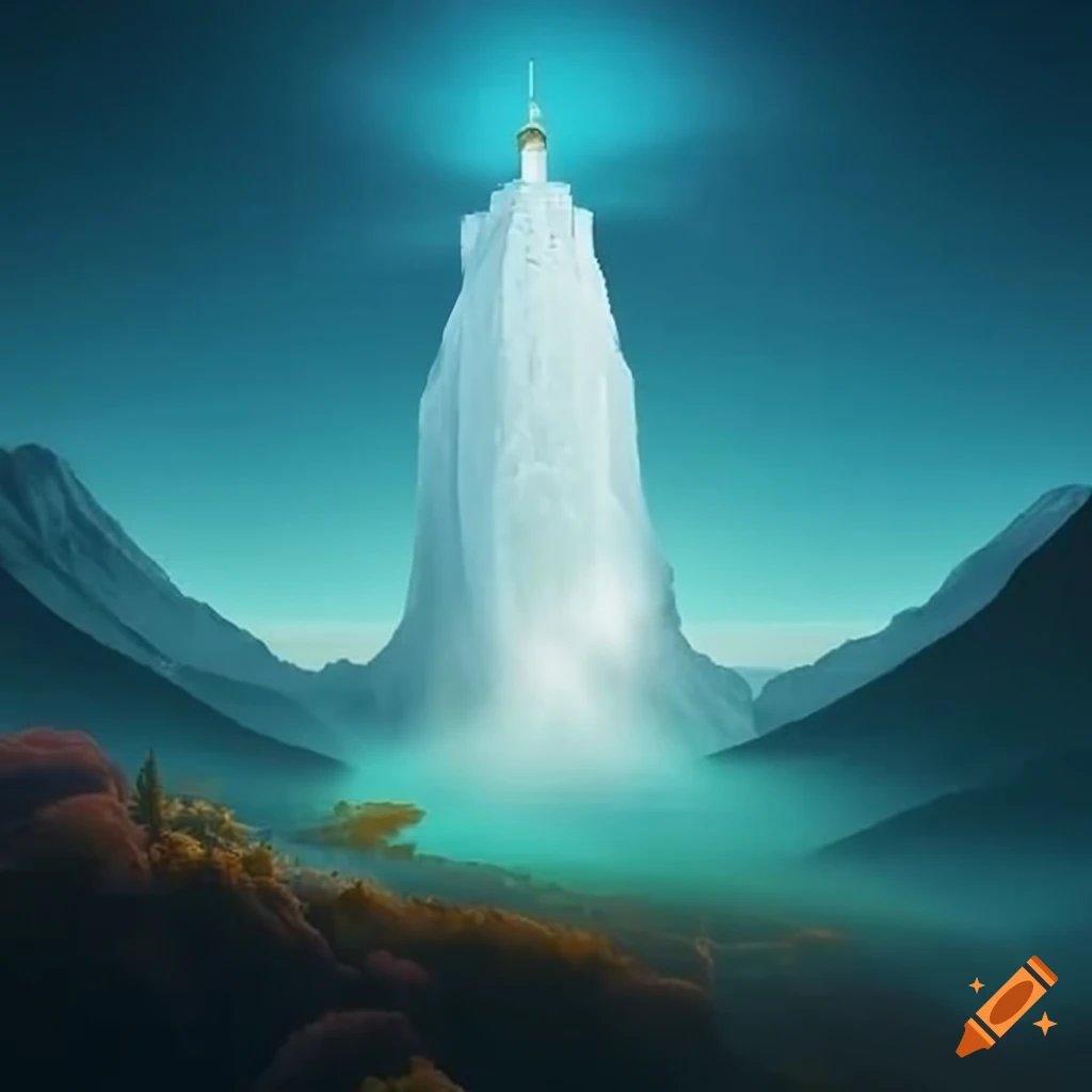 Majestic white tower in the embrace of towering mountains in a ...