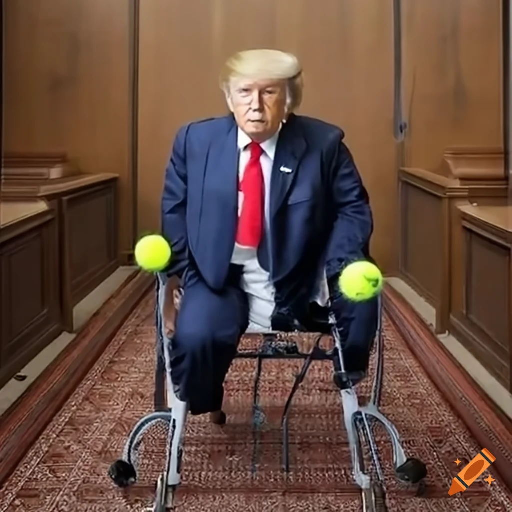 Satirical image of a person using a walker entering a courtroom on Craiyon