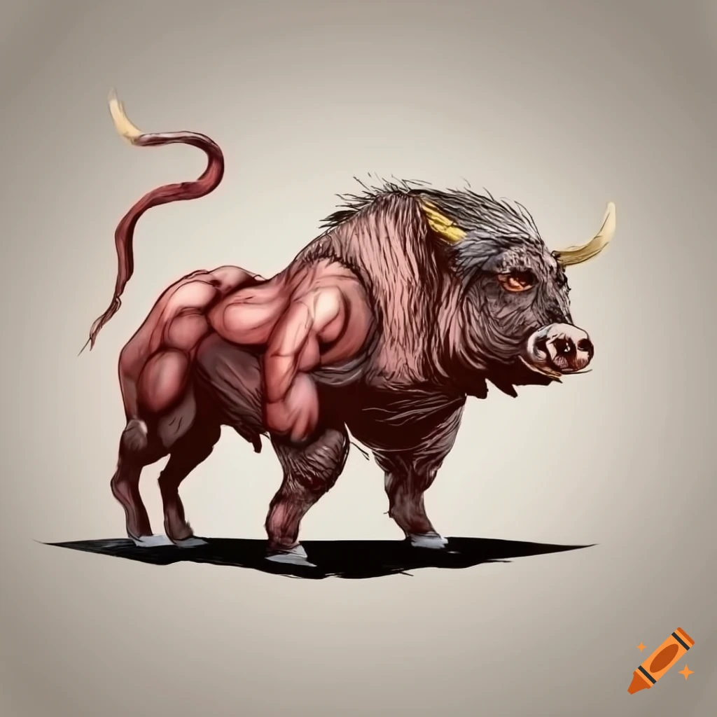 Mythical creature with bull and boar features, stone hooves, and muscular skin on Craiyon