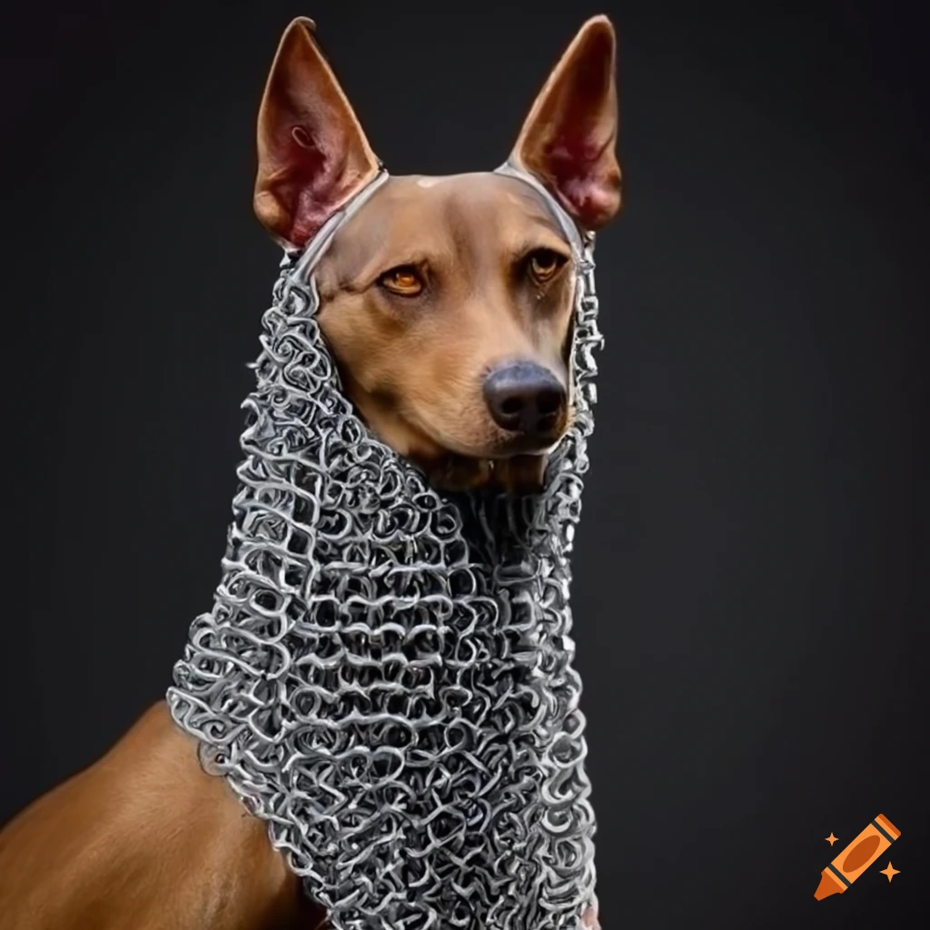 Pharaoh hound in chainmail armour with a weapon on Craiyon