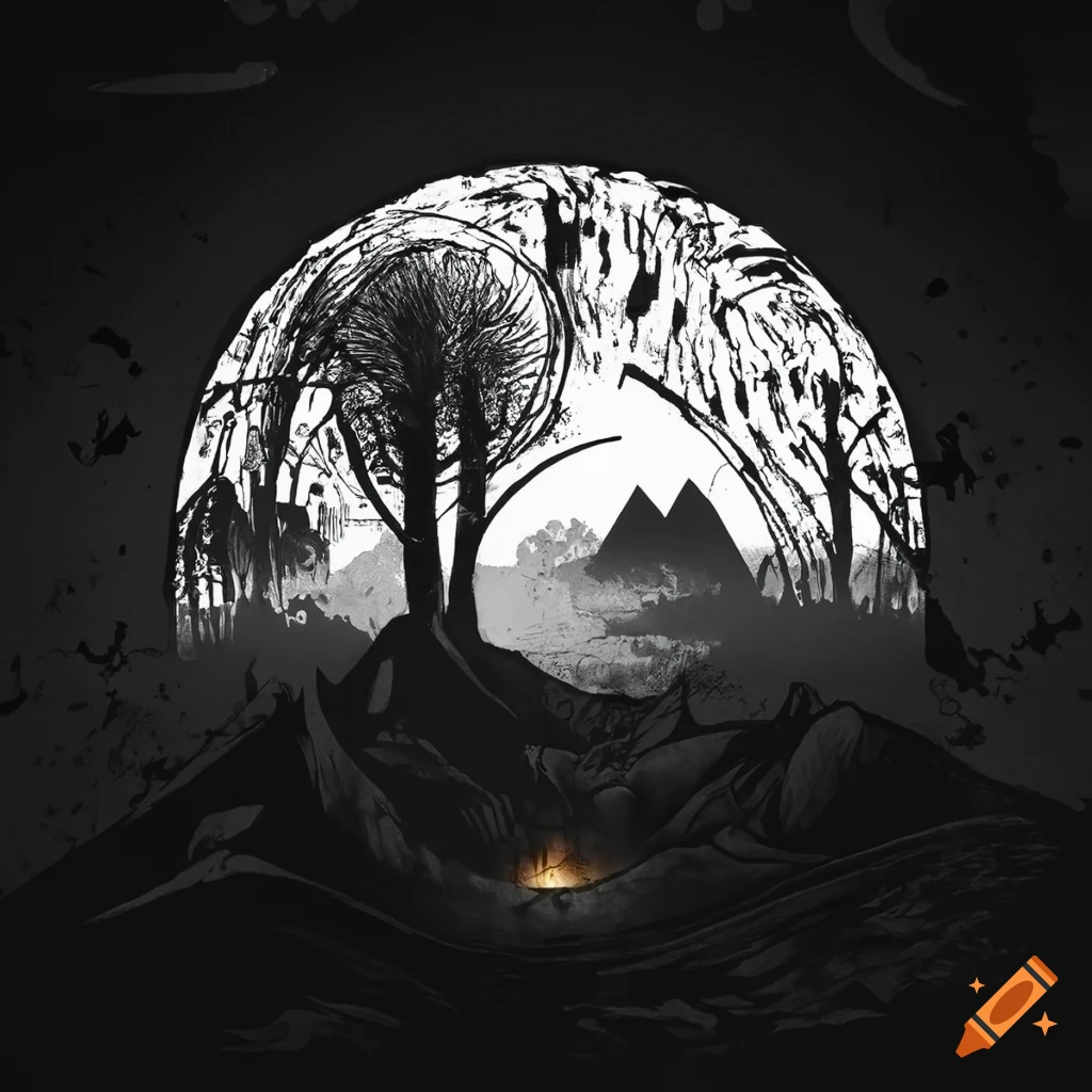 Striking monochrome primordial landscape in a record label logo on Craiyon