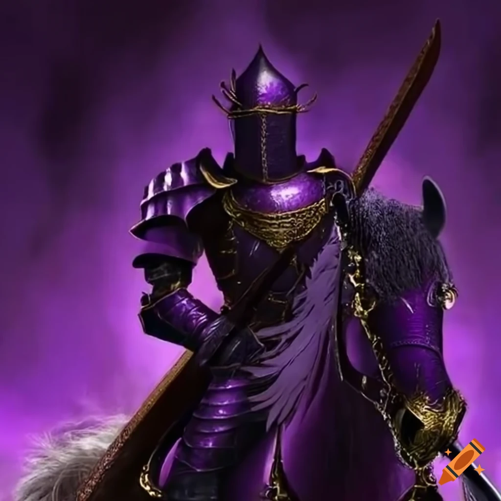 Purple armored knight riding a horse with buffalo horn helm on Craiyon