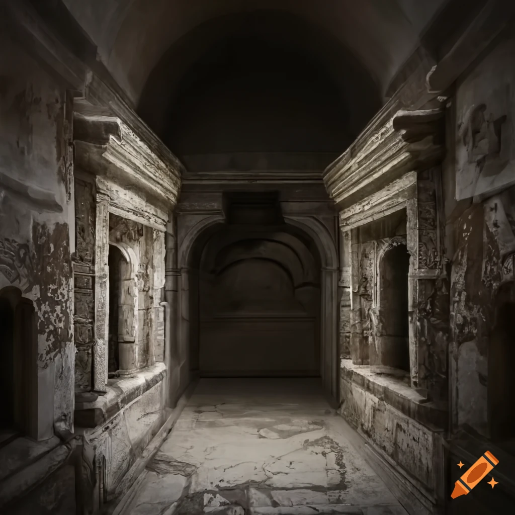 Interior of a small old mausoleum with a sarcophagus on Craiyon