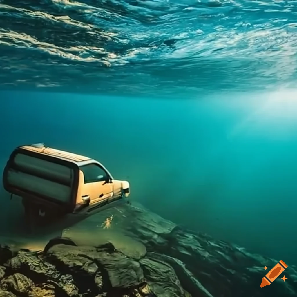 Pickup truck underwater looking up at sunny sky on Craiyon