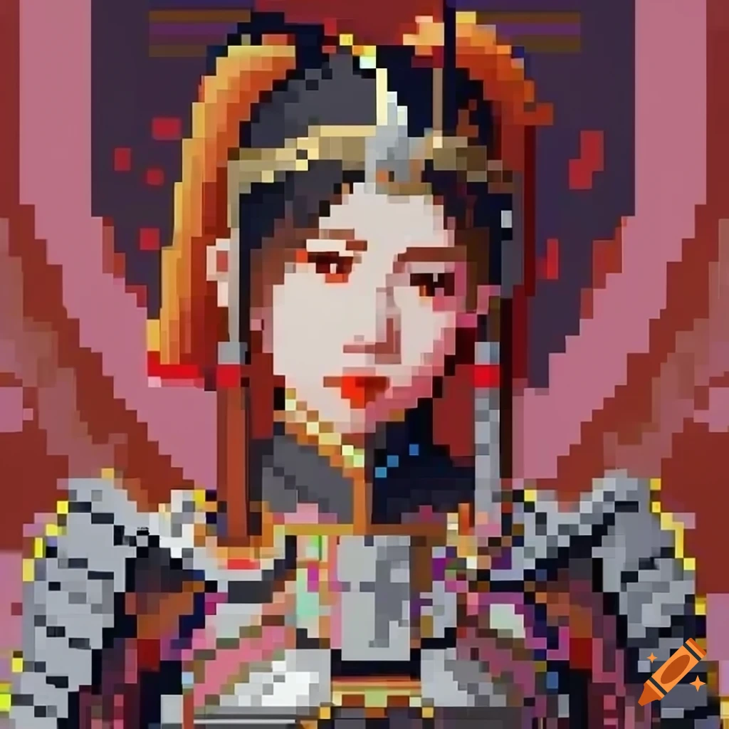Pixel art of a Chinese female swordmaster in armor with a cherry tree background on Craiyon