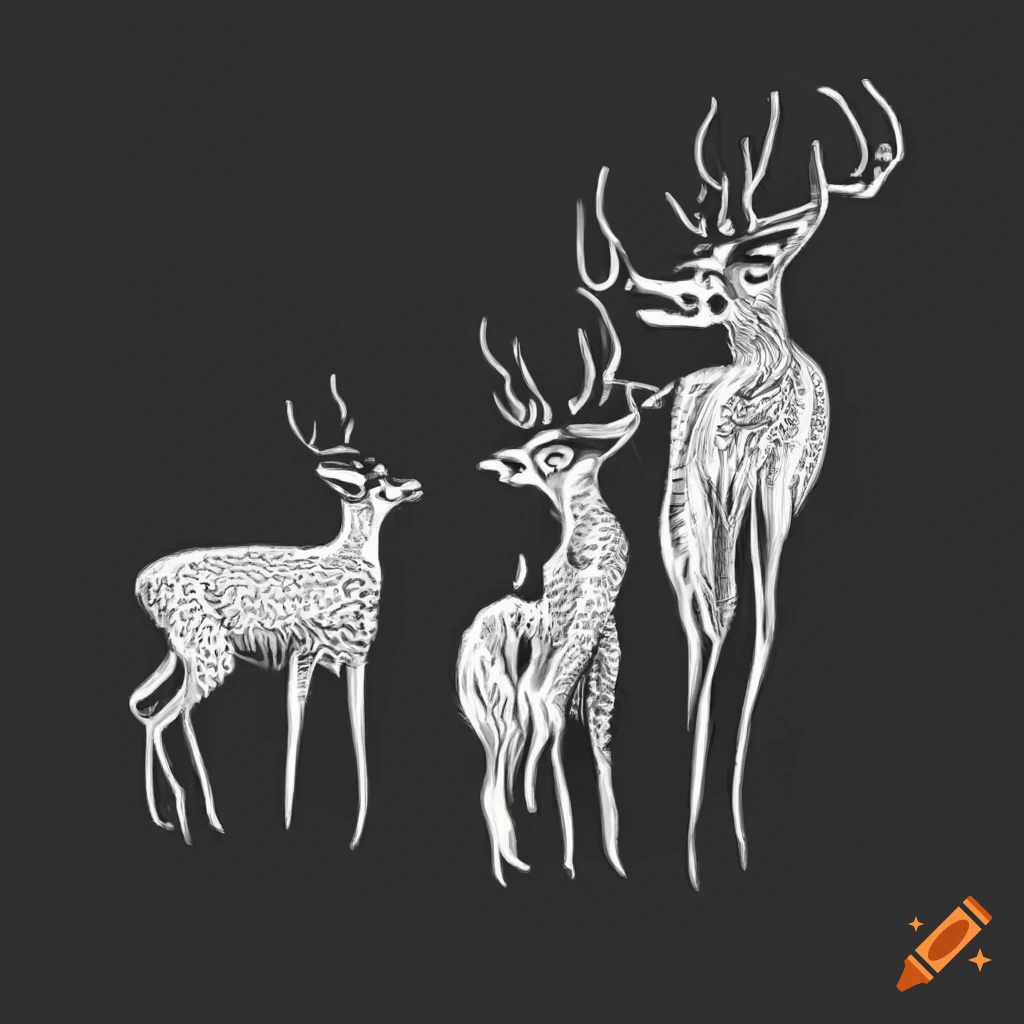 Black minimalist line art album cover of men and deer in a field on Craiyon