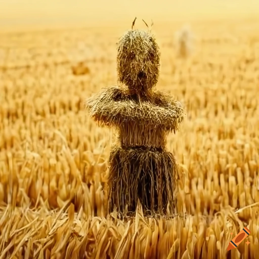 Straw man with arms crossed in a cornfield on Craiyon