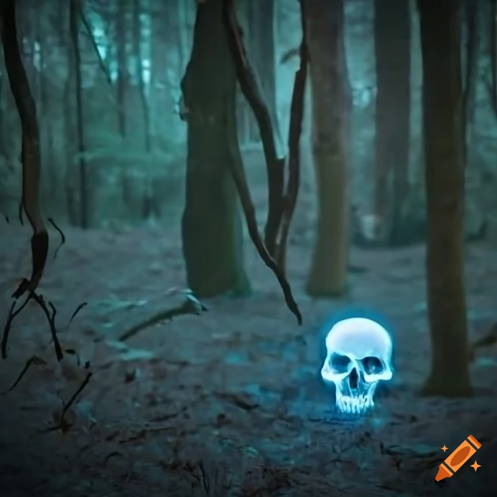 Glowing skull light in a dark forest setting on Craiyon