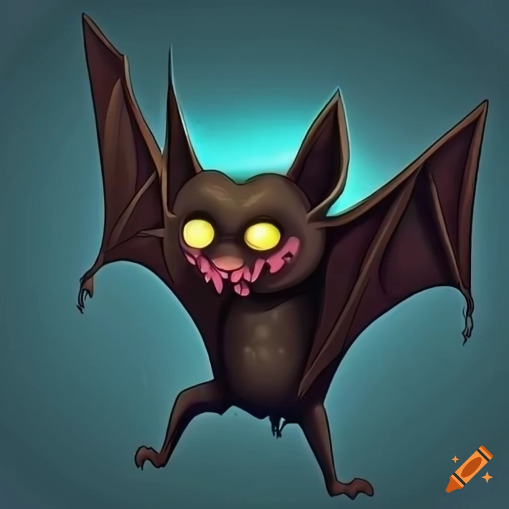 Cartoonish bat with glowing eyes and large teeth on Craiyon