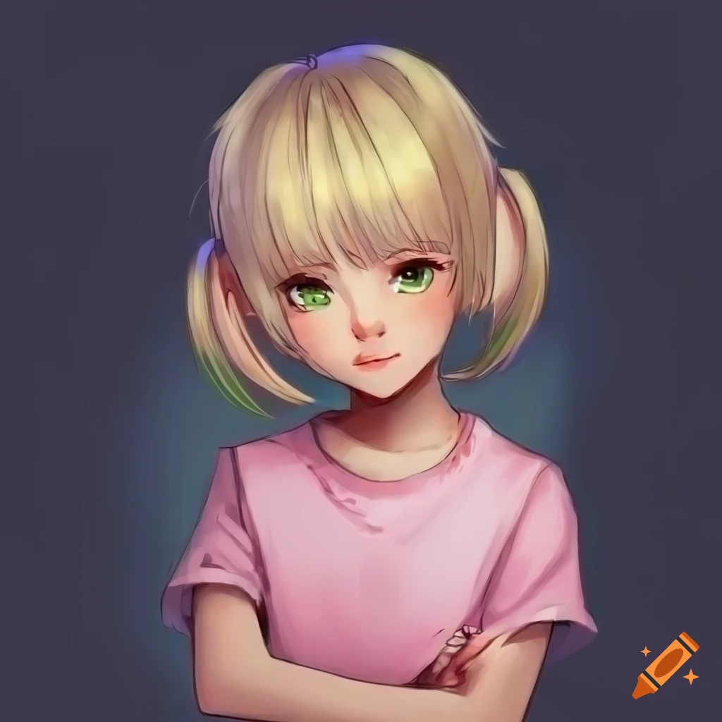Anime girl with blonde hair and green eyes in a pink sleeveless shirt ...