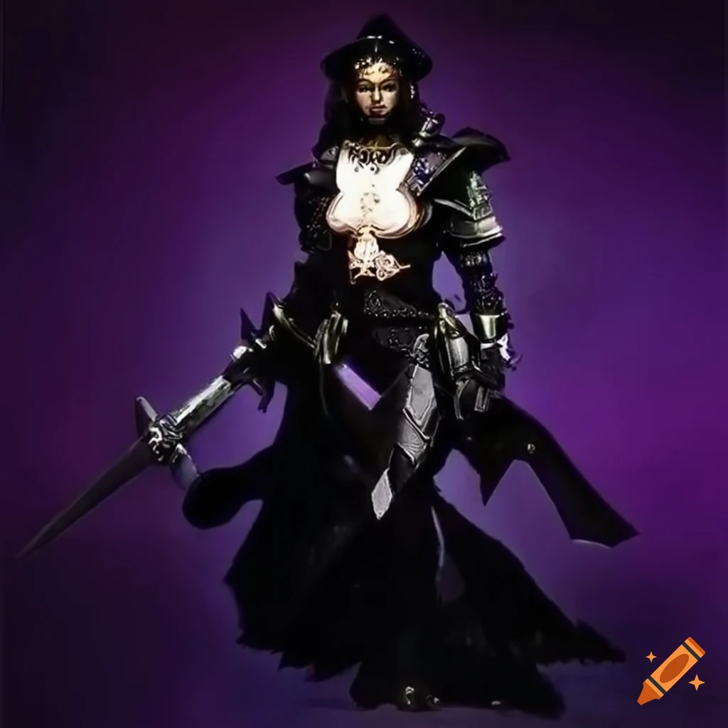 Ebony-skinned goddess in black leather armor with a gleaming sword on ...