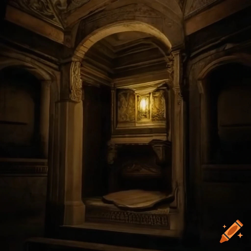 Inside a small old mausoleum on Craiyon