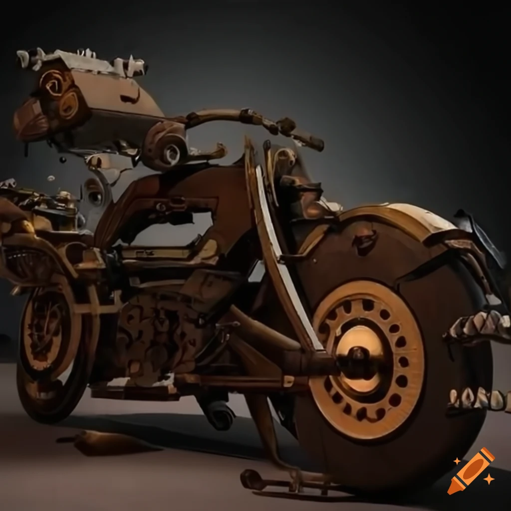 Mecha solarpunk steampunk motorcycle in black field with dramatic ...