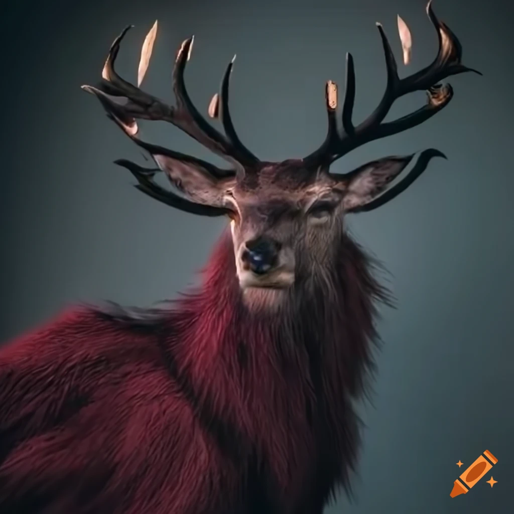 Majestic stag with deep crimson fur and elegant antlers on Craiyon