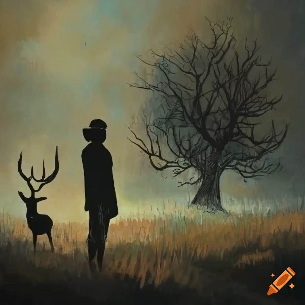 Man and deer in a field in black line art design on Craiyon