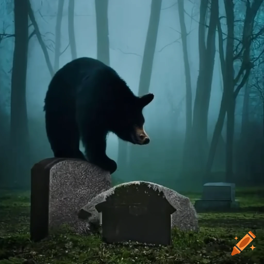 Black bear climbing on a gravestone in a foggy cemetery on Craiyon