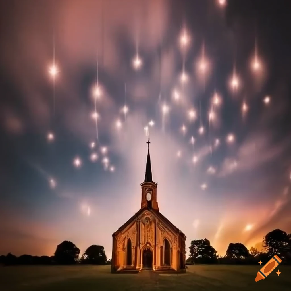 Beautiful chapel wedding with lights and clouds on Craiyon