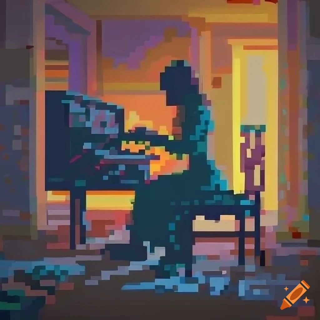 Lonely woman shadow playing keyboard in a decaying room with god rays ...