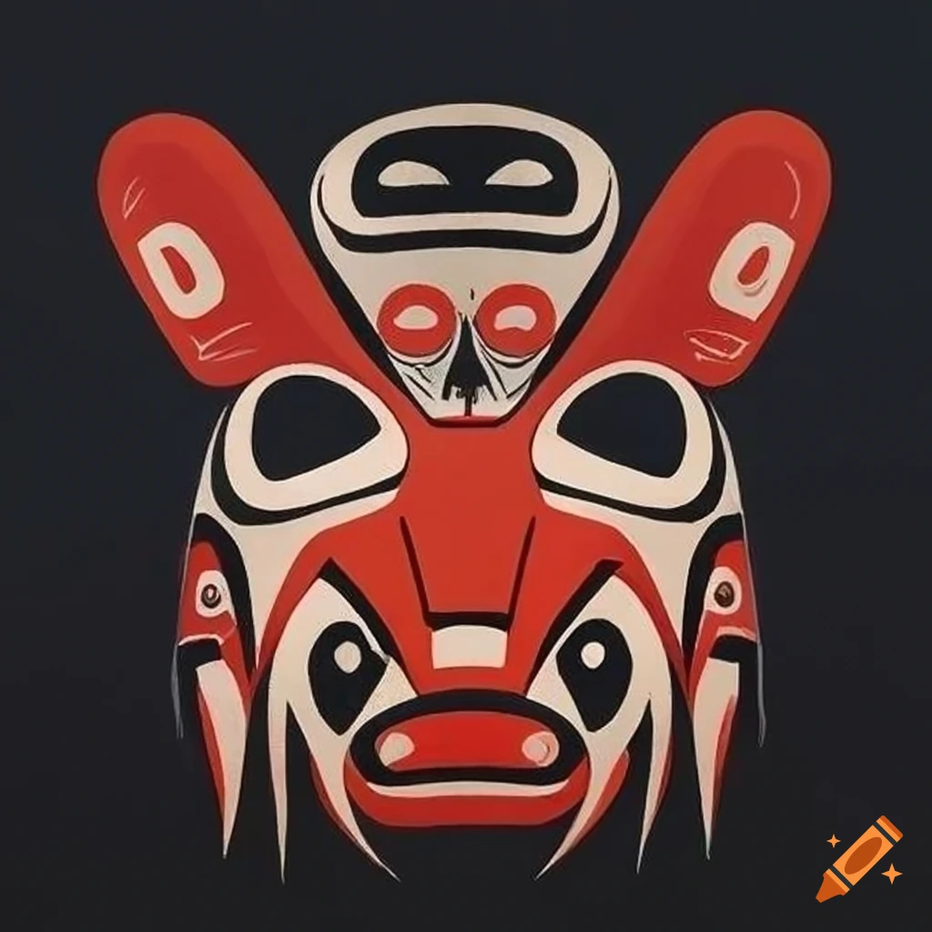 Colorful lithograph featuring native salish designs in the style of ...