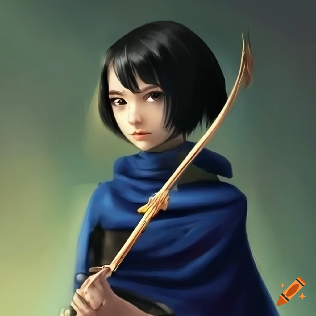 Girl with blue cloak and bow and arrow on Craiyon