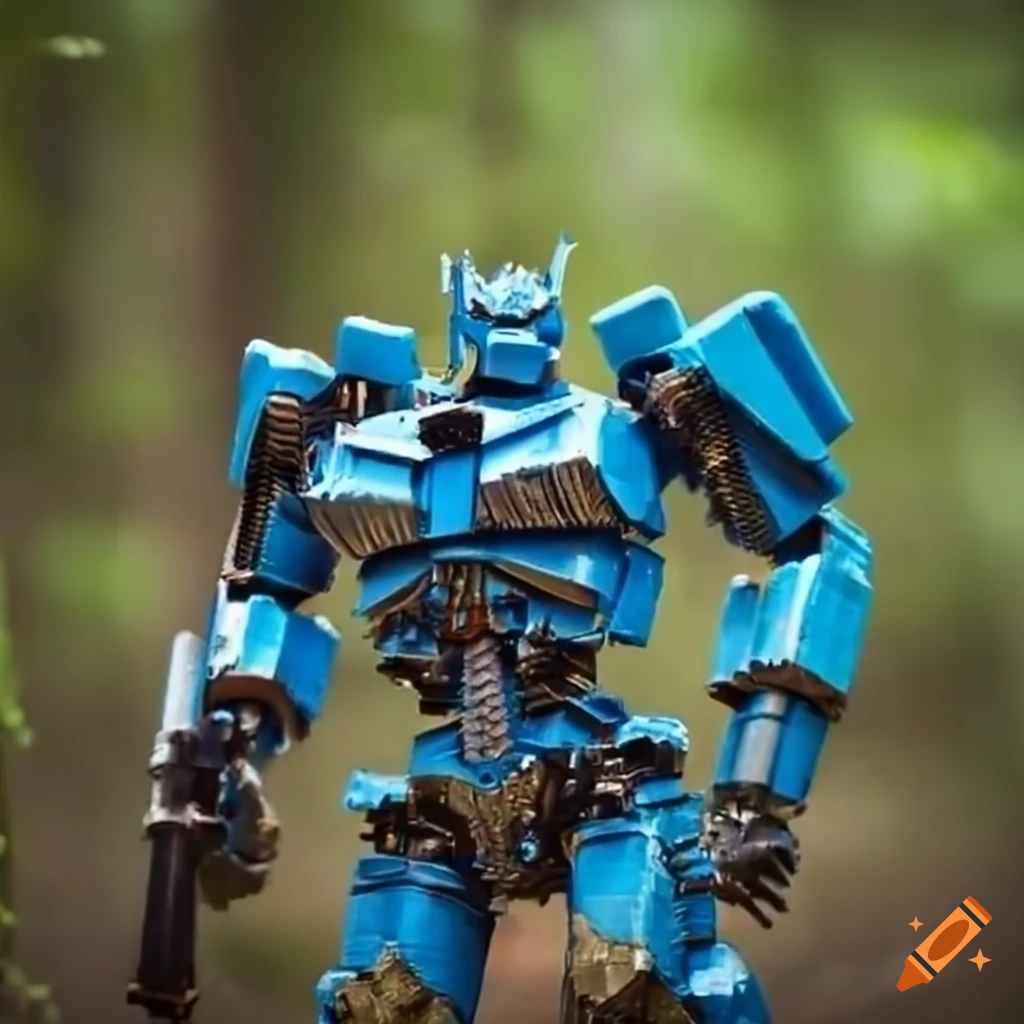 Blue transformer with guns in a forest setting on Craiyon