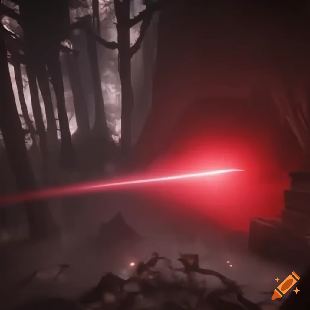 Red-white laser spark beam in a foggy forest on Craiyon