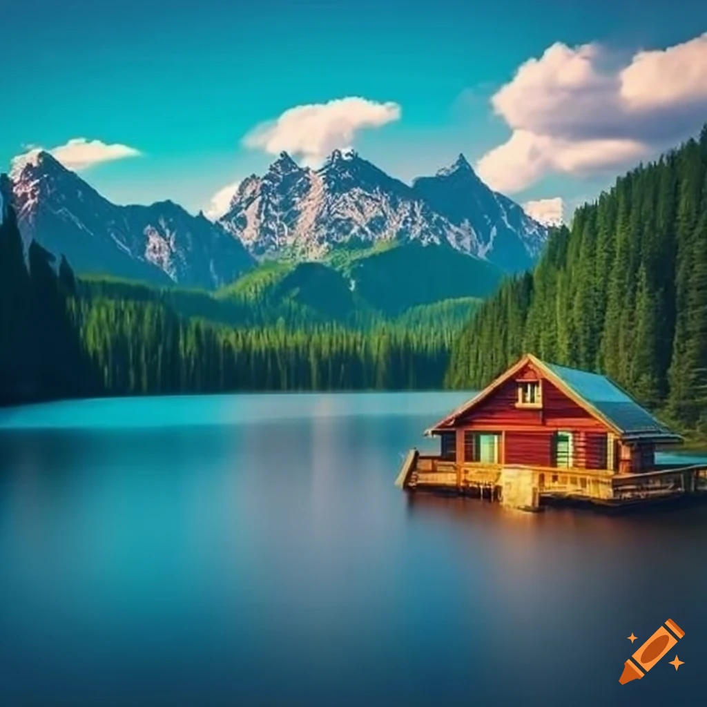 Mountain range with waterfall, lake, and resort cabins on Craiyon