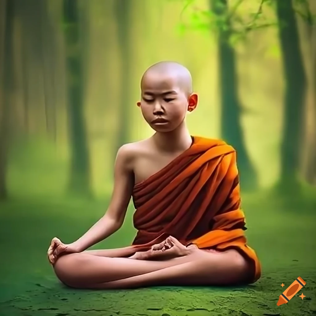 Serene asian monk meditating in a lush green forest with soft morning ...
