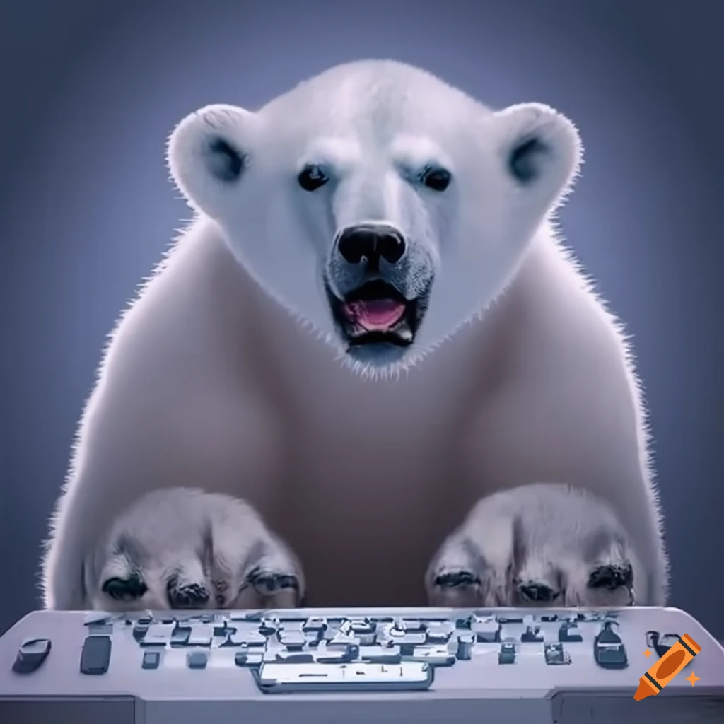 Polar bear playing video games on a computer on Craiyon