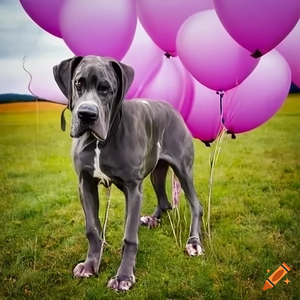 Blue grey great dane surrounded by purple balloons in a field on Craiyon