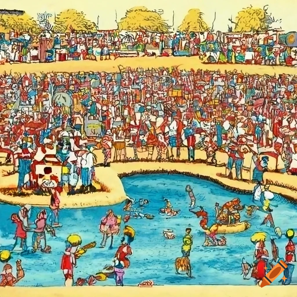 Crowded pool scene in the style of 'Where's Waldo?' books on Craiyon