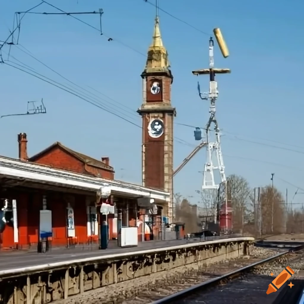 Bustling train station with clock tower, radio antenna, and locomotive ...