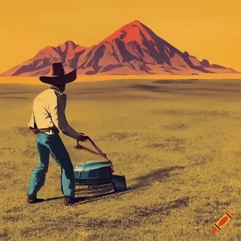 Vintage western movie poster with cowboy mowing lawn in desert backdrop ...