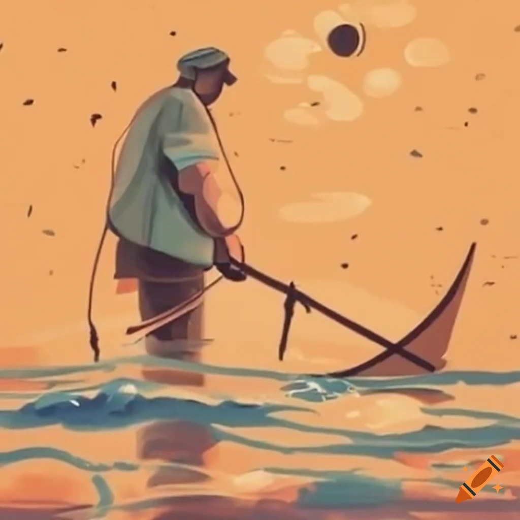 Fisherman throwing a net into the sea at sunrise on Craiyon