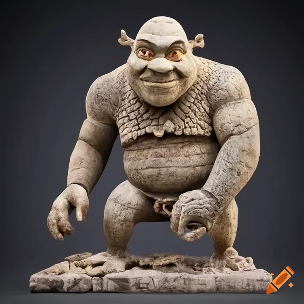 Gargantuan stone sculpture of Shrek with intricate details on Craiyon