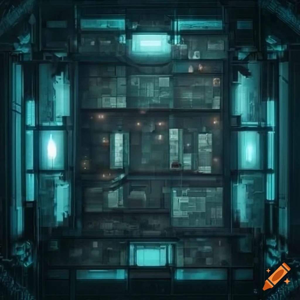 High-definition map of a dystopian sci-fi prison laboratory with cell ...
