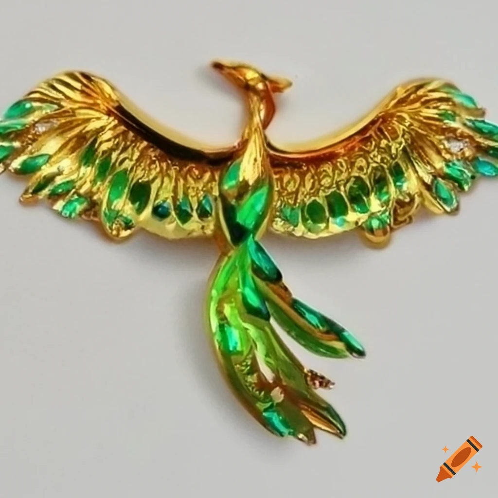 Green and gold phoenix bird gem on Craiyon